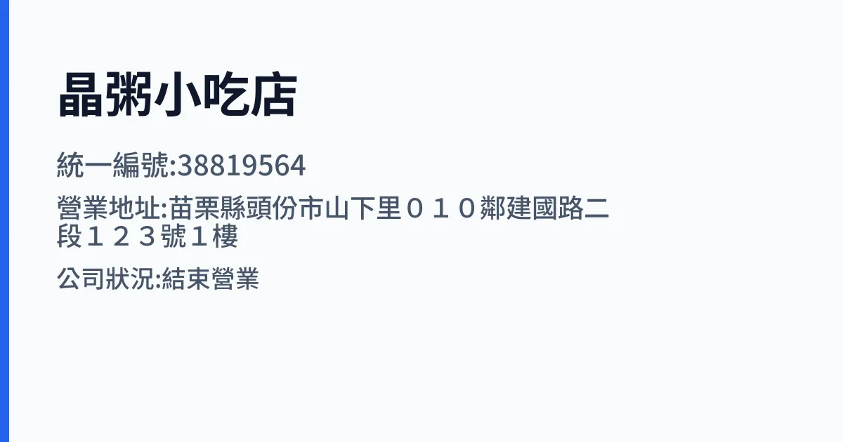 晶粥小吃店 - 統編 38819564(苗栗縣) 公司登記資料與營業項目詳細圖表