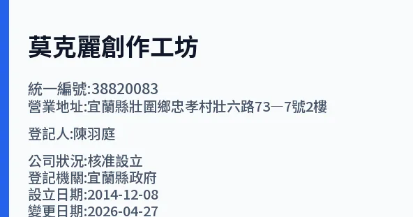 莫克麗創作工坊的照片-統編 38820083(宜蘭縣) 公司登記資料與營業項目詳細圖表