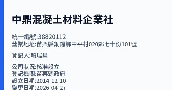 中鼎混凝土材料企業社的照片-統編 38820112(苗栗縣) 公司登記資料與營業項目詳細圖表