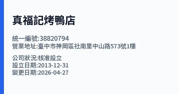 真福記烤鴨店的照片-統編 38820794(臺中市) 公司登記資料與營業項目詳細圖表