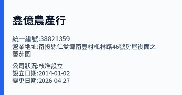 鑫億農產行的照片-統編 38821359(南投縣) 公司登記資料與營業項目詳細圖表