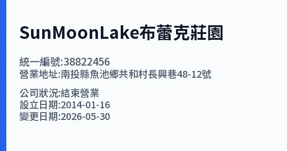 SunMoonLake布蕾克莊園的照片-統編 38822456(南投縣) 公司登記資料與營業項目詳細圖表