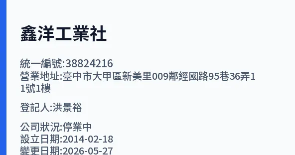 鑫洋工業社的照片-統編 38824216(臺中市) 公司登記資料與營業項目詳細圖表