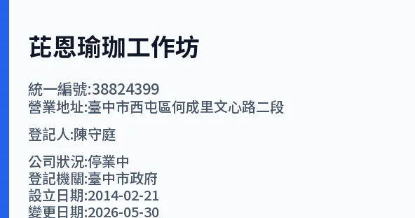 芘恩瑜珈工作坊的照片-統編 38824399(臺中市) 公司登記資料與營業項目詳細圖表