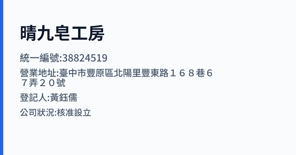 晴九皂工房 - 統編 38824519(臺中市) 公司登記資料與營業項目詳細圖表