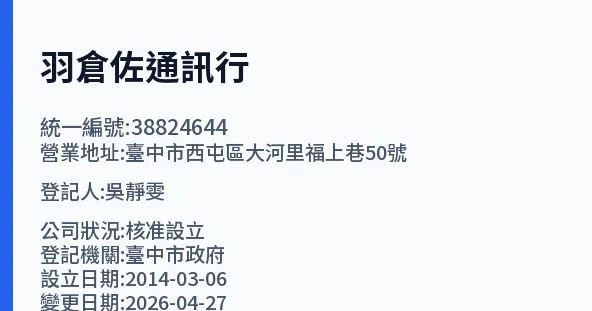 羽倉佐通訊行的照片-統編 38824644(臺中市) 公司登記資料與營業項目詳細圖表
