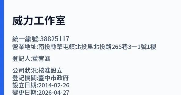 威力工作室的照片-統編 38825117(南投縣) 公司登記資料與營業項目詳細圖表