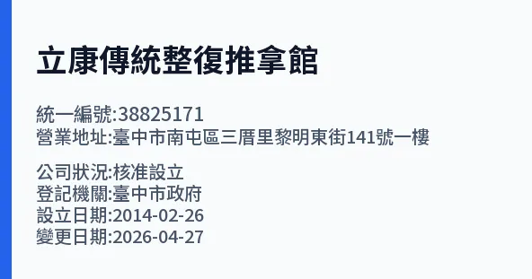 立康傳統整復推拿館的照片-統編 38825171(臺中市) 公司登記資料與營業項目詳細圖表