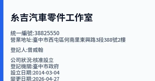糸吉汽車零件工作室的照片-統編 38825550(臺中市) 公司登記資料與營業項目詳細圖表