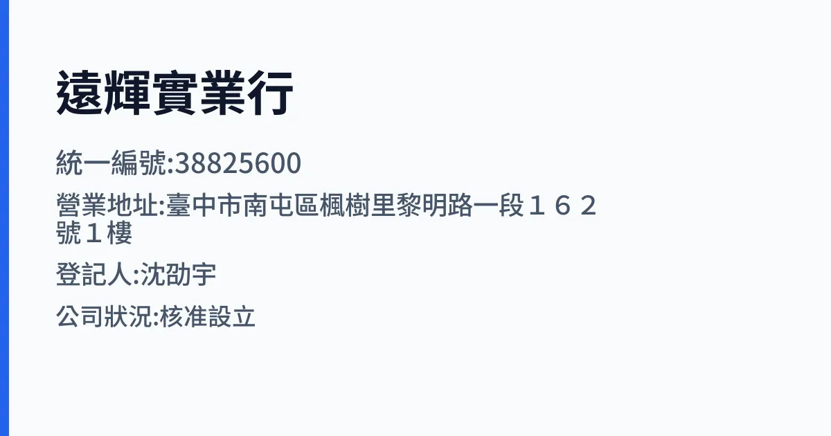 遠輝實業行 - 統編 38825600(臺中市) 公司登記資料與營業項目詳細圖表