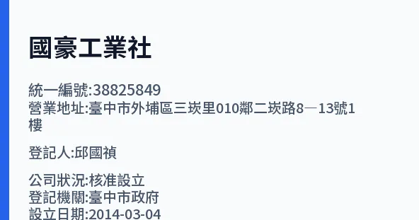 國豪工業社的照片-統編 38825849(臺中市) 公司登記資料與營業項目詳細圖表