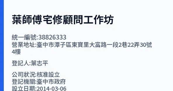 葉師傅宅修顧問工作坊的照片-統編 38826333(臺中市) 公司登記資料與營業項目詳細圖表