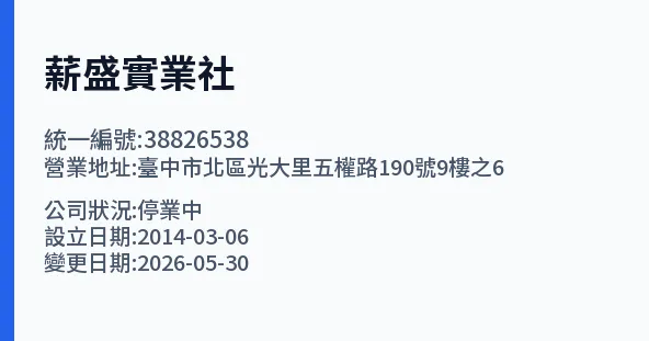 薪盛實業社的照片-統編 38826538(臺中市) 公司登記資料與營業項目詳細圖表
