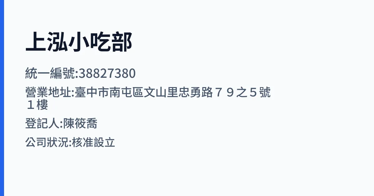 上泓小吃部 - 統編 38827380(臺中市) 公司登記資料與營業項目詳細圖表