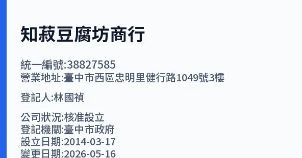 知菽豆腐坊商行的照片-統編 38827585(臺中市) 公司登記資料與營業項目詳細圖表