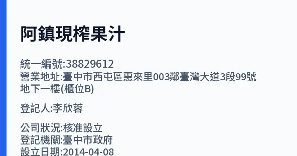 阿鎮現榨果汁的照片-統編 38829612(臺中市) 公司登記資料與營業項目詳細圖表