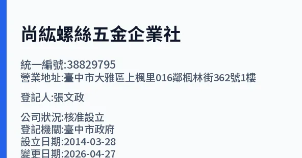 尚紘螺絲五金企業社的照片-統編 38829795(臺中市) 公司登記資料與營業項目詳細圖表