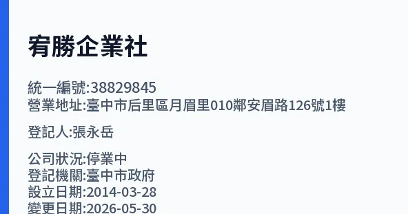 宥勝企業社的照片-統編 38829845(臺中市) 公司登記資料與營業項目詳細圖表
