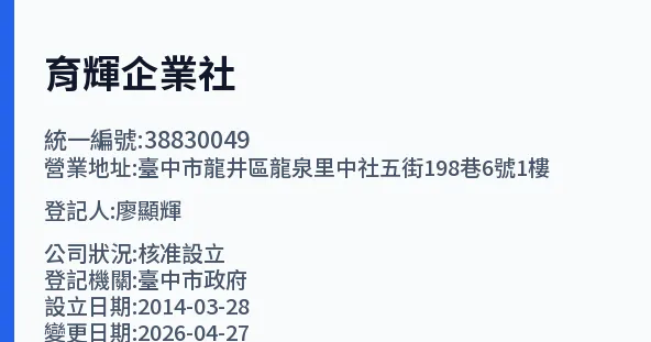 育輝企業社的照片-統編 38830049(臺中市) 公司登記資料與營業項目詳細圖表