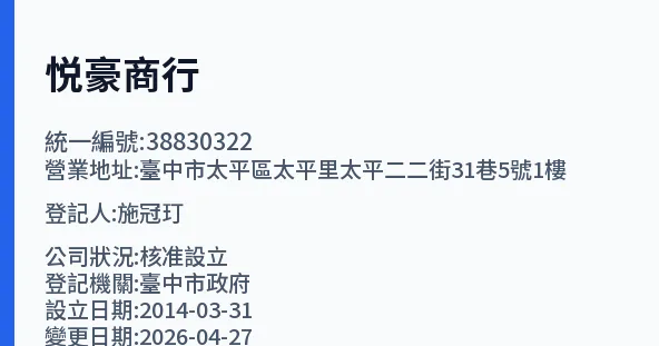悦豪商行的照片-統編 38830322(臺中市) 公司登記資料與營業項目詳細圖表