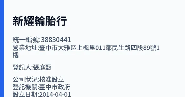 新耀輪胎行的照片-統編 38830441(臺中市) 公司登記資料與營業項目詳細圖表