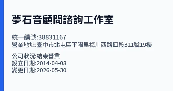 夢石音顧問諮詢工作室的照片-統編 38831167(臺中市) 公司登記資料與營業項目詳細圖表