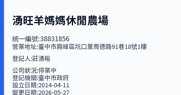 湧旺羊媽媽休閒農場的照片-統編 38831856(臺中市) 公司登記資料與營業項目詳細圖表