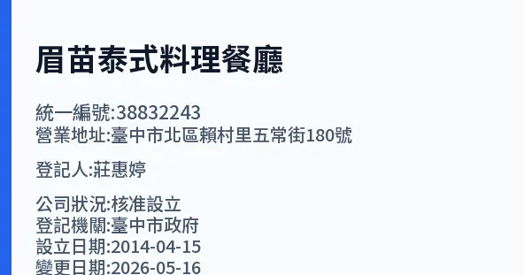 眉苗泰式料理餐廳的照片-統編 38832243(臺中市) 公司登記資料與營業項目詳細圖表