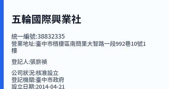 五輪國際興業社的照片-統編 38832335(臺中市) 公司登記資料與營業項目詳細圖表
