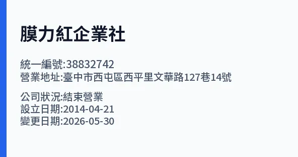 膜力紅企業社的照片-統編 38832742(臺中市) 公司登記資料與營業項目詳細圖表