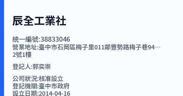 辰全工業社的照片-統編 38833046(臺中市) 公司登記資料與營業項目詳細圖表