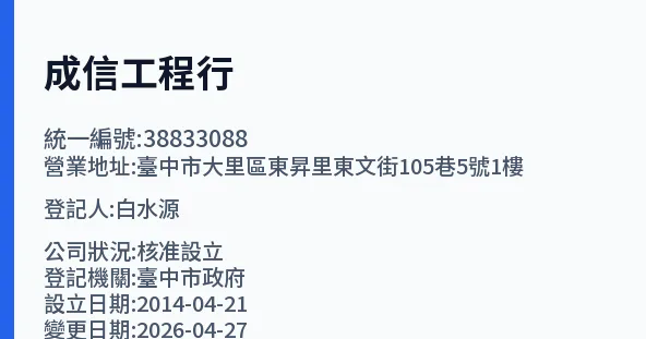 成信工程行的照片-統編 38833088(臺中市) 公司登記資料與營業項目詳細圖表