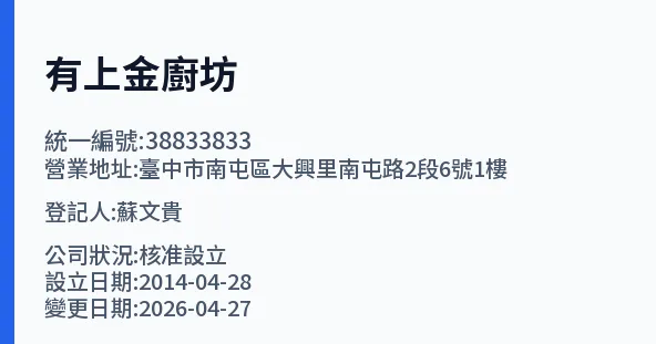 有上金廚坊的照片-統編 38833833(臺中市) 公司登記資料與營業項目詳細圖表