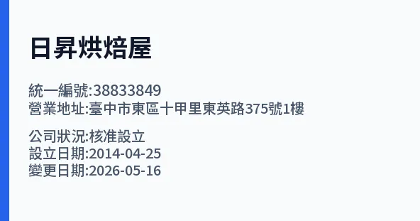 日昇烘焙屋的照片-統編 38833849(臺中市) 公司登記資料與營業項目詳細圖表
