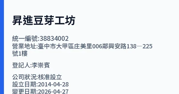 昇進豆芽工坊的照片-統編 38834002(臺中市) 公司登記資料與營業項目詳細圖表