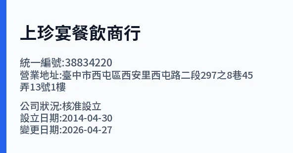 上珍宴餐飲商行的照片-統編 38834220(臺中市) 公司登記資料與營業項目詳細圖表