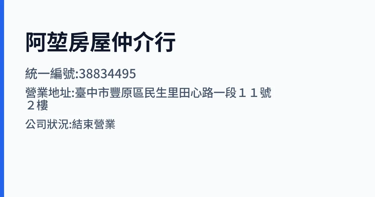 阿堃房屋仲介行 - 統編 38834495(臺中市) 公司登記資料與營業項目詳細圖表