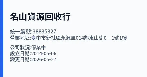 名山資源回收行的照片-統編 38835327(臺中市) 公司登記資料與營業項目詳細圖表