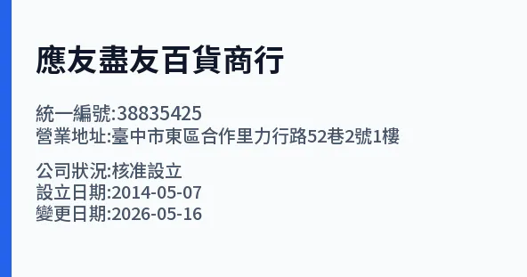 應友盡友百貨商行的照片-統編 38835425(臺中市) 公司登記資料與營業項目詳細圖表