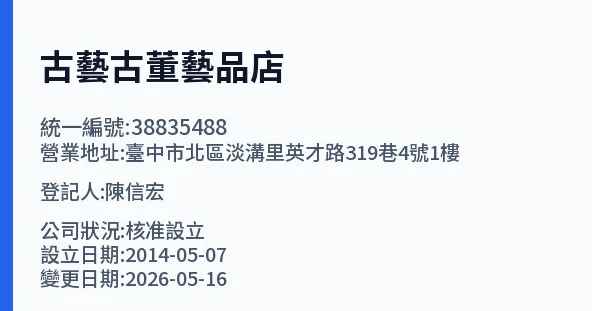 古藝古董藝品店的照片-統編 38835488(臺中市) 公司登記資料與營業項目詳細圖表
