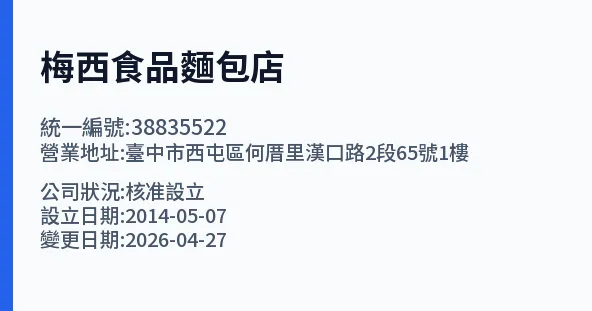 梅西食品麵包店的照片-統編 38835522(臺中市) 公司登記資料與營業項目詳細圖表