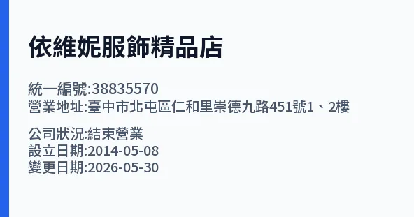依維妮服飾精品店的照片-統編 38835570(臺中市) 公司登記資料與營業項目詳細圖表