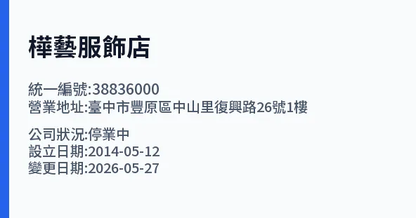 樺藝服飾店的照片-統編 38836000(臺中市) 公司登記資料與營業項目詳細圖表