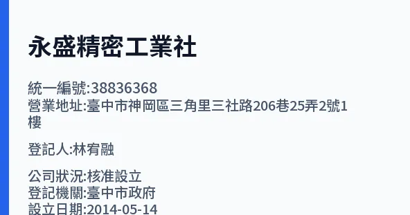 永盛精密工業社的照片-統編 38836368(臺中市) 公司登記資料與營業項目詳細圖表