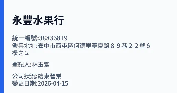 永豐水果行的照片-統編 38836819(臺中市) 公司登記資料與營業項目詳細圖表