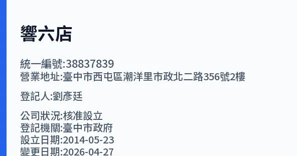 響六店的照片-統編 38837839(臺中市) 公司登記資料與營業項目詳細圖表