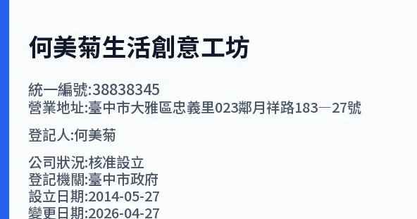 何美菊生活創意工坊的照片-統編 38838345(臺中市) 公司登記資料與營業項目詳細圖表