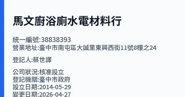 馬文廚浴廁水電材料行的照片-統編 38838393(臺中市) 公司登記資料與營業項目詳細圖表