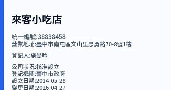 來客小吃店的照片-統編 38838458(臺中市) 公司登記資料與營業項目詳細圖表