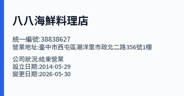 八八海鮮料理店的照片-統編 38838627(臺中市) 公司登記資料與營業項目詳細圖表